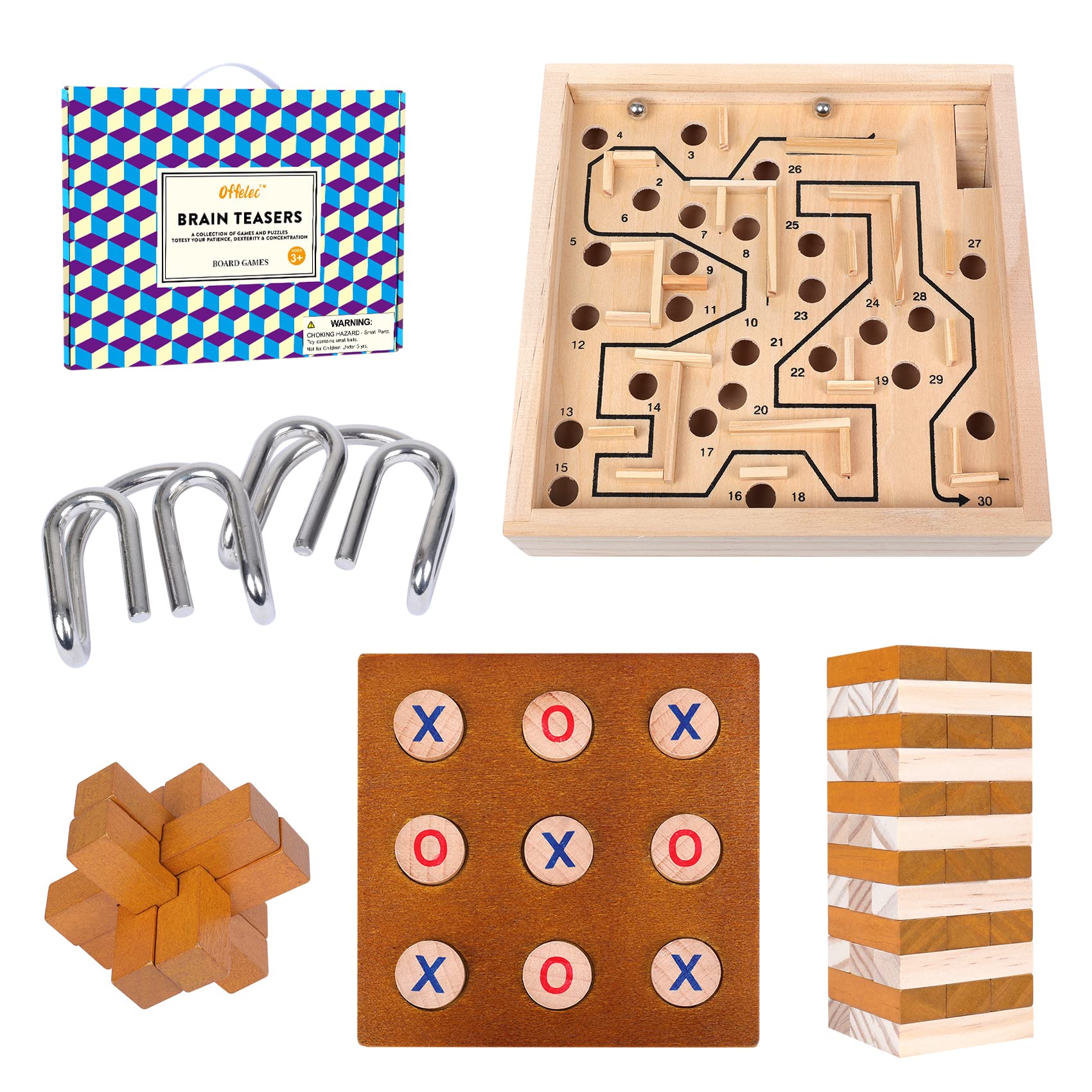 Offelec 5 in 1 Board Game with Wooden Brain Teaser Puzzles, Metal Brain Teaser Puzzles, Labyrinth, Wooden Stacking Tower, and Tic Tac Toe Toy Games, Board Games for Kid and Adults, Party Family Game