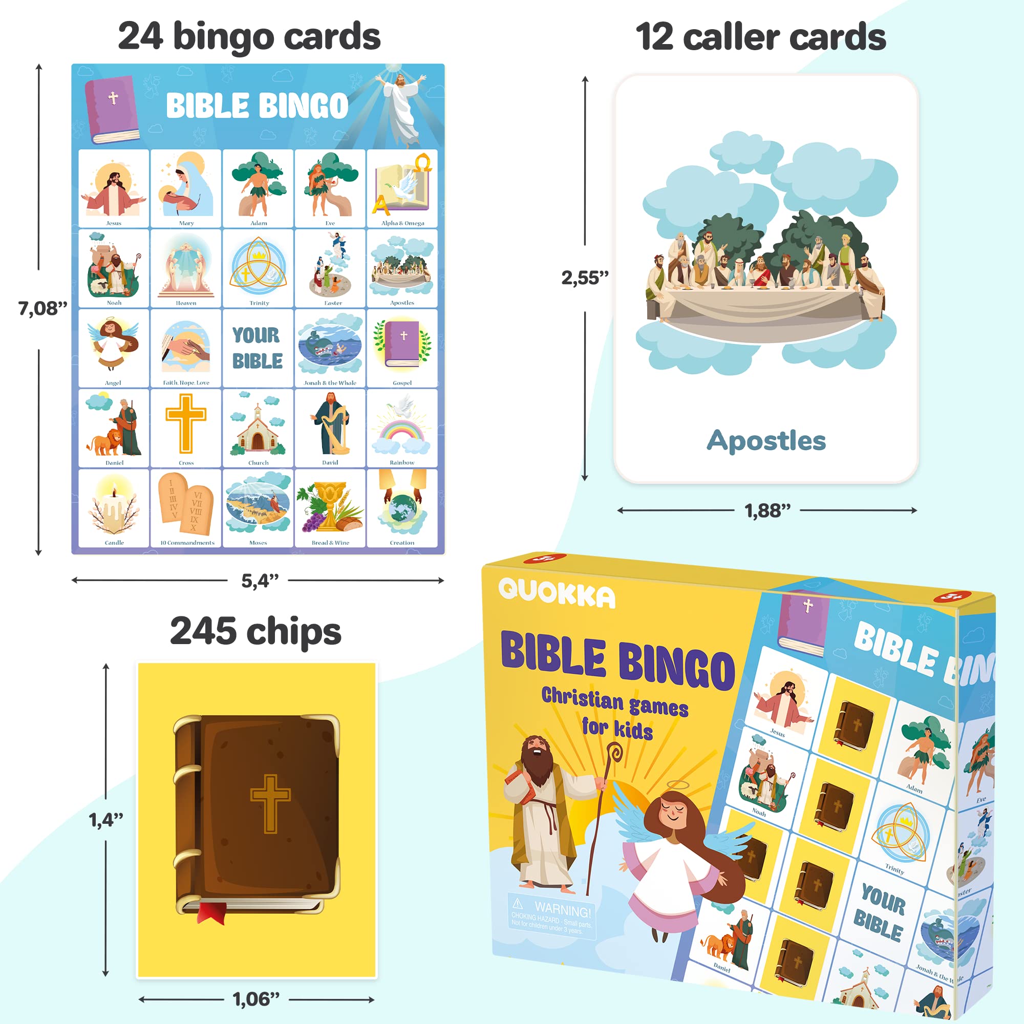 QUOKKA 3X Set Bible Games for Kids 4-6 - Board Bingo Game - Bible Trivia for Family - Noah Ark Toy - Cooperative Card Games for Toddlers Ages 4-8 - Christian Gifts for Kids for Sunday School