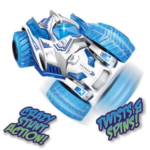 Geospace Friction Stunt Car with 360 Rotating Front Wheels - 1 Hand Held Push-Powered Stunt Car (White/Blue)