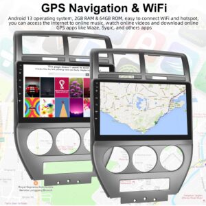 [2+64G] Android 13 Car Stereo for Jeep Compass Patriot 2007 2008 2009 with Apple Carplay and Android Auto 10.1 inch Touchscreen Radio Bluetooth + External Microphone GPS WiFi SWC Hi-Fi Audio