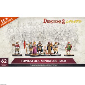 Dungeons & Lasers Townsfolk Miniature Pack - 62 NPC DND Miniatures with Scenic Bases - Use for D&D Miniatures and 5E Compatible Tabletop RPG Games - 28MM Unpainted and Unassembled - for 14 Years +