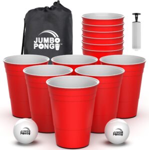 jumbo pong - giant yard pong outdoor games yard games lawn, beach, camping, tailgating or backyard - durable giant cups with indoor/outdoor ball and pump included