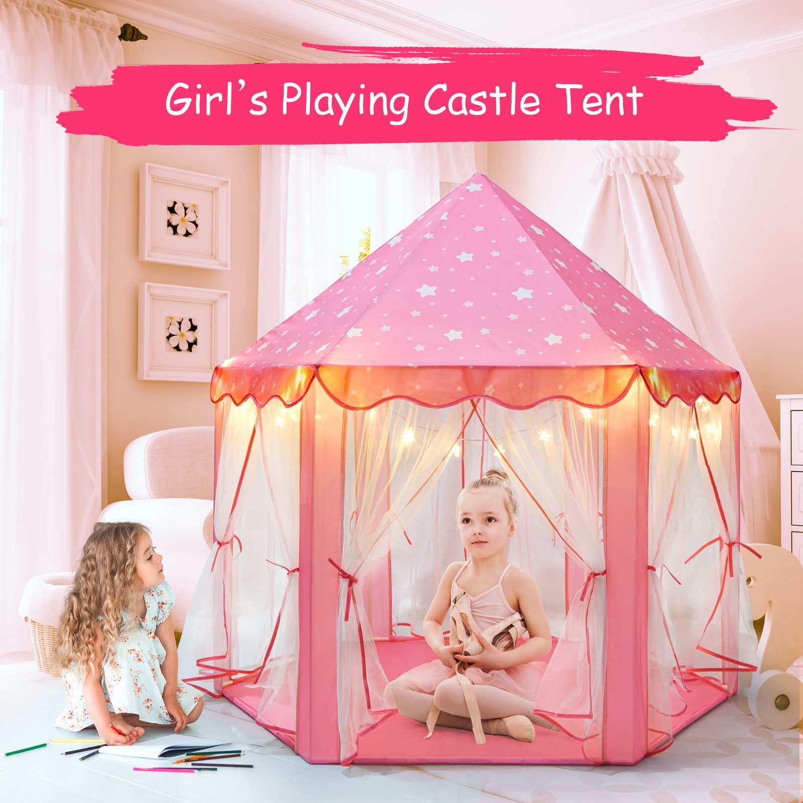 ALPRANG Princess Castle Play Tent Girls Tents Indoor Playhouses with Star Lights Girls Boys Toys for Indoor Outdoor Games Large Size Pink 55'' X 54'' (DxH) (PT-01)