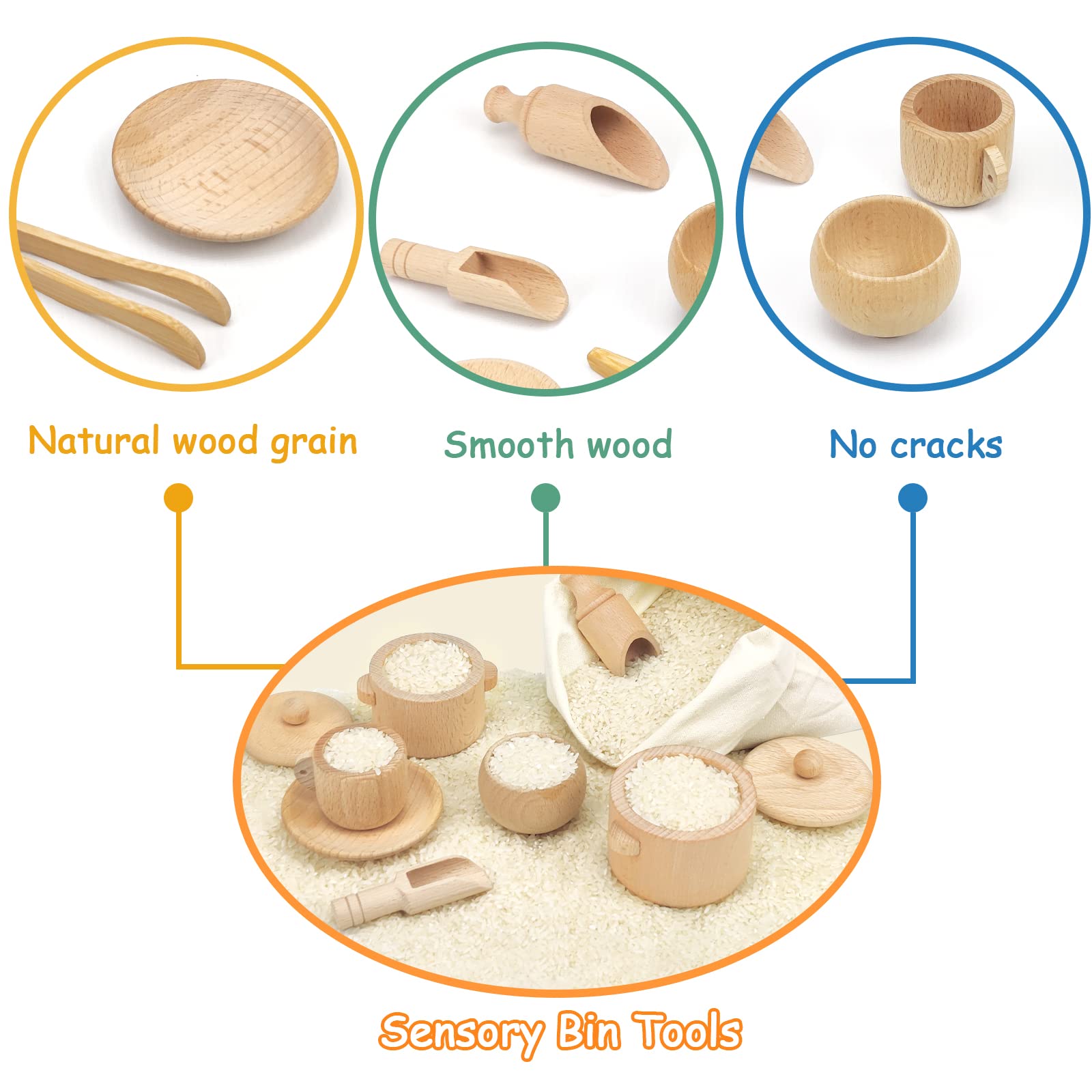 Wooden Sensory Bin Tools Montessori Toys for Toddlers 3+, Pretend Play Dish Toys Wooden Bowls Scoop Tongs Transfer Work Pouring Set, Kids Fine Motor Skills Development