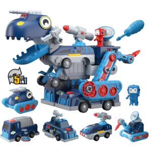 toys for 5+ year old boys, take apart dinosaur, magnetic building blocks vehicles play set, 5 in 1 cars & trucks transform into robot dino t-rex, engineering stem toys & gifts for boys & girls