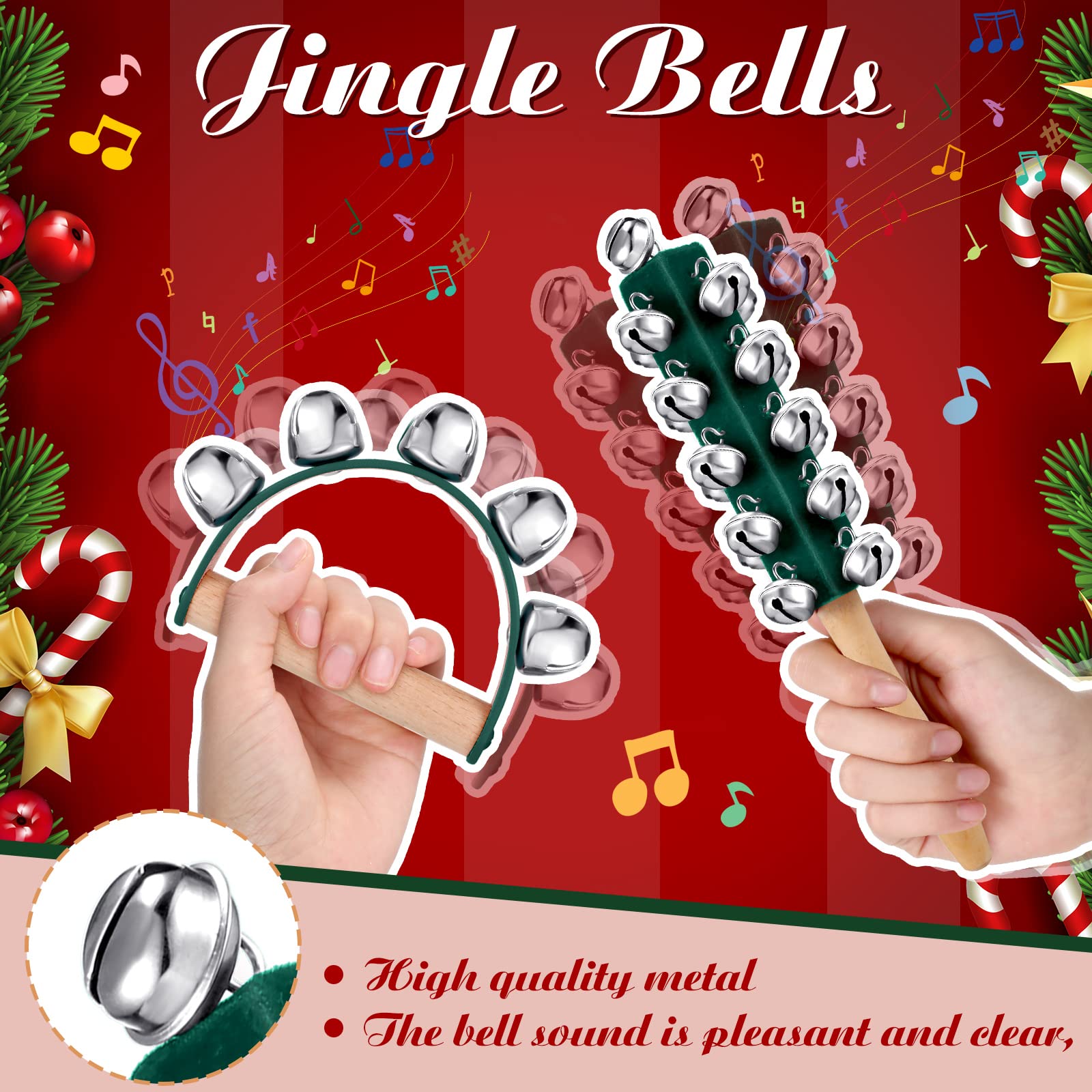 8 Pieces Christmas Handle Sleigh Bells Wooden Hand Bells Handhold Shaker Bells Musical Percussion Instrument for Christmas Holiday Music Party Decoration Birthday Gifts