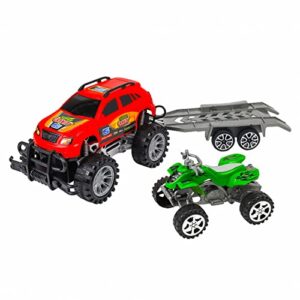 Kidplokio Monster Trucks Red ATV Off Road Friction Toys Trailer Pull Back Cars