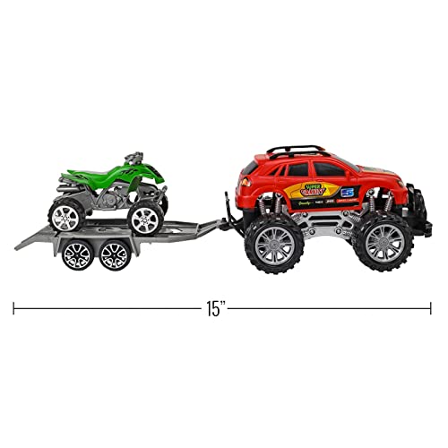 Kidplokio Monster Trucks Red ATV Off Road Friction Toys Trailer Pull Back Cars