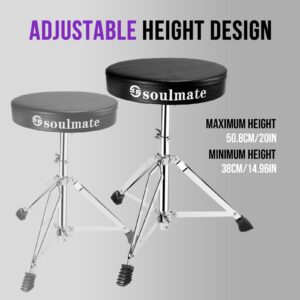 soulmate Drum Throne Drum Stool Padded Drum Seat Height Adjustabl Drumming Stools with Drumsticks, Anti-Slip Feet Portable Folding Drum Chair for Kids Adults, Black