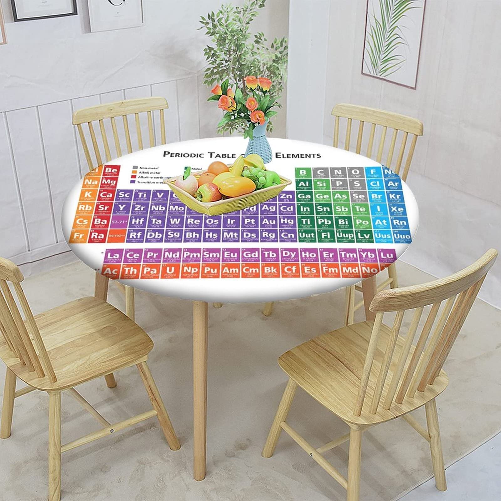 School Round Fitted Tablecloth Cover,Periodic Table of Elements Design Elastic Edged Polyester Fitted Table Cover, xxLarge, Fit Round Tables up 65"-71" Diameter, for Reception Restaurant Banquet Party