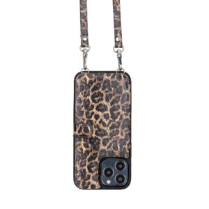 venito fermo leather wallet case compatible with iphone 14 pro max crossbody case - extra secure with rfid blocking (leopard pattern)