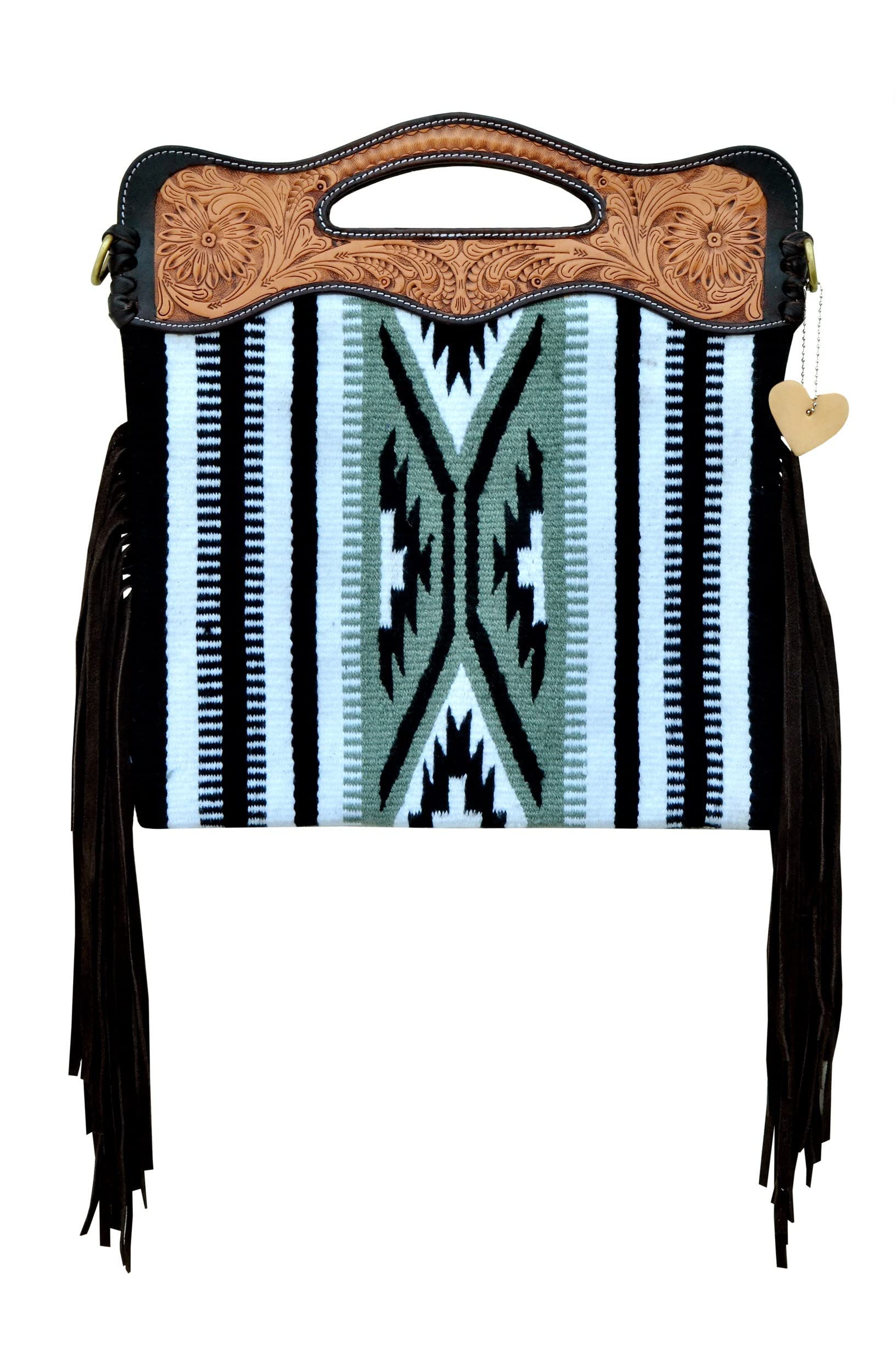 Affilare Western Bag Saddle Blanket Bag Leather Crossbody Shoulder Bag with Fringes With Leather Hand Tooled carved Panels Black Grey and White 20AB005