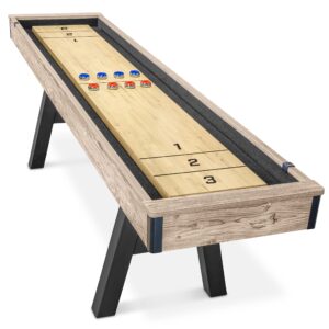 gosports premium 9 ft shuffleboard table with 8 pucks, shuffleboard wax, and brush