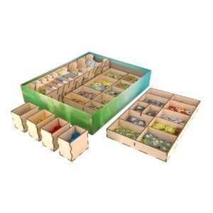 the broken token ark nova compatible game organizer - wood storage box with multiple trays for cards, bids, players & more - unofficial wooden game organizer