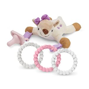 dr. brown's baby lovey pacifier holder & teether clip with pink happypaci and three flexees beaded teether rings, 100% silicone