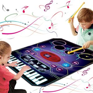 qshark 2 in 1 kids music learning toys for boys girls, drum set + piano mat | record & playback, built-in songs, 8 instrument sounds, 24 keys, christmas birthday gifts for toddler 3 4 5 6 7 8 years