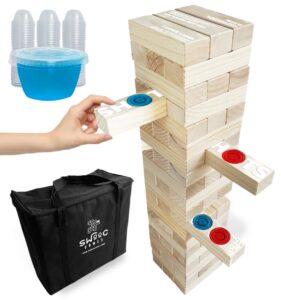 swooc games - giant tower party game with hidden jello shots - includes disposable cups, lids & carrying case - stacks up to 5ft - tipsy topple game for adults - giant outdoor games - jumbo bar games