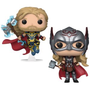 funko pop marvel: marvel studios' thor: love and thunder- thor and mighty thor, figures stand 3.75" tall, each figure comes individually packaged