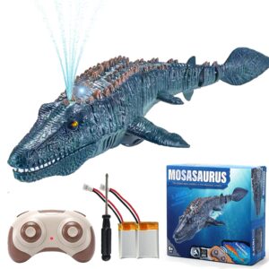 akargol 2.4g remote control dinosaur toys for kids, high simulation mosasaurus toys rc boat with light and spray water for swimming pool lake bathroom, bath toys (with 2 batteries)