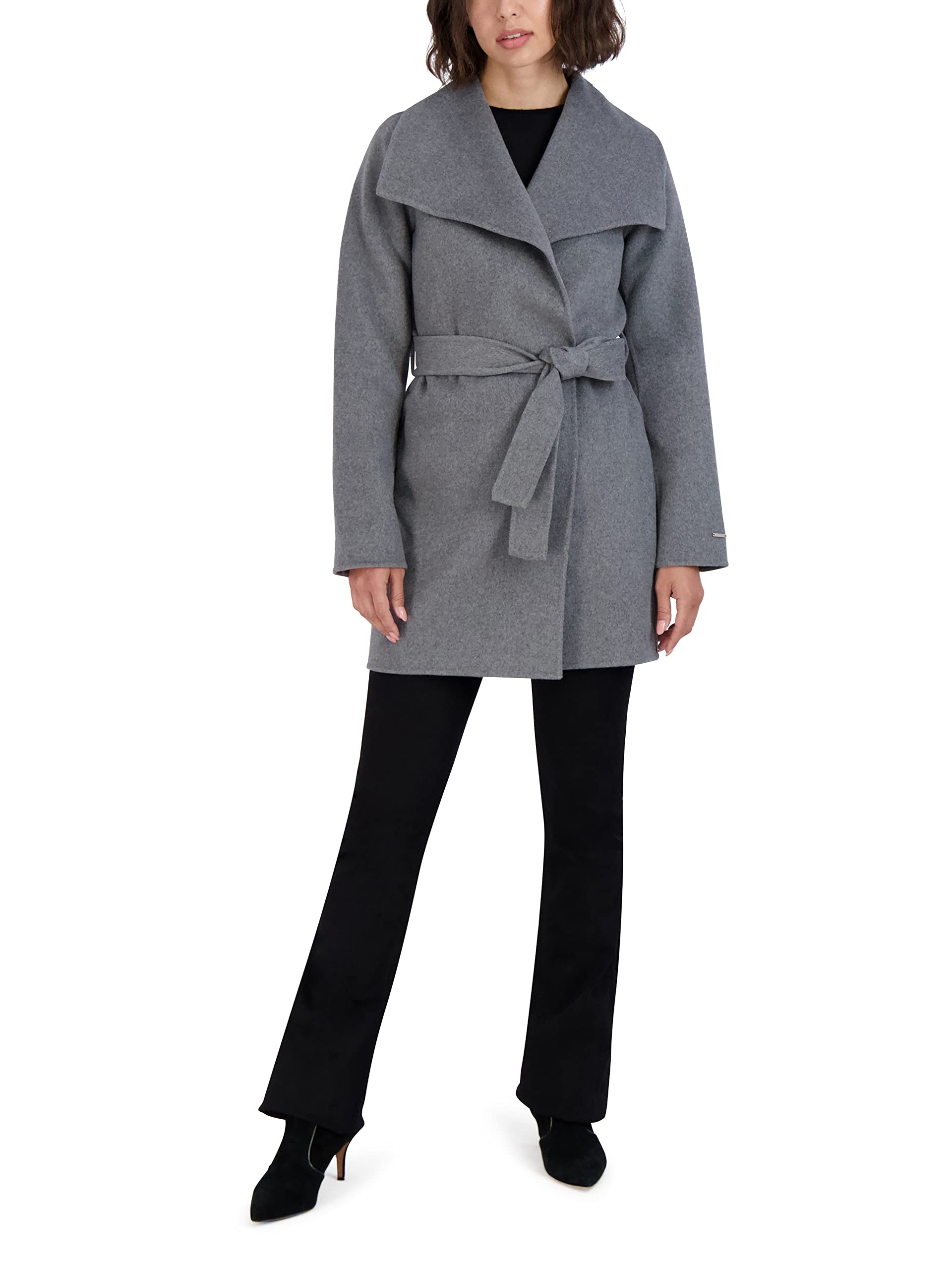 Tahari Women's Wool Wrap Coat with Tie Belt, Ash, Large