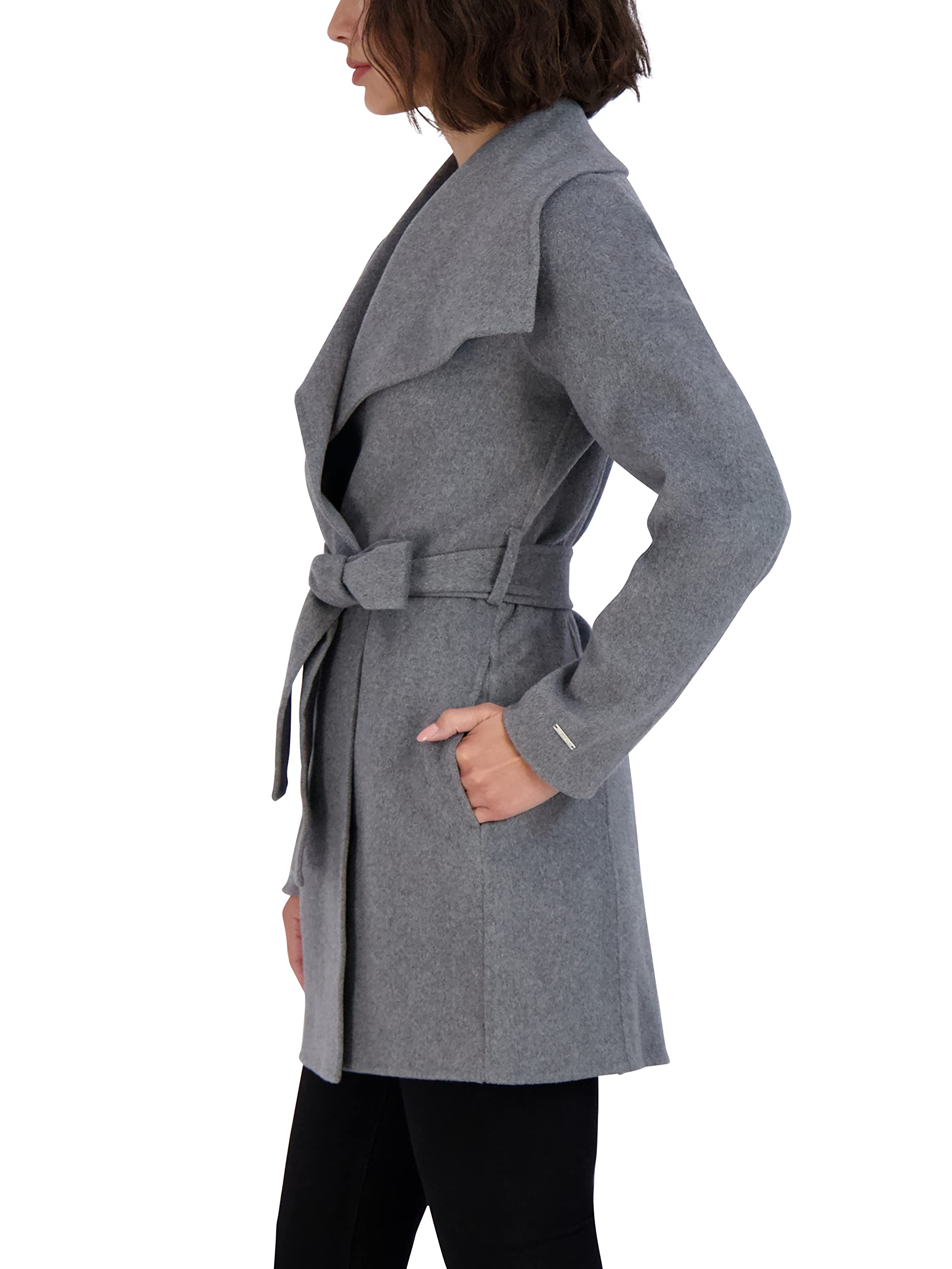 Tahari Women's Wool Wrap Coat with Tie Belt, Ash, Large