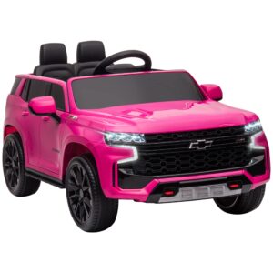 aosom chevrolet tahoe licensed kids ride on car, 12v battery powered kids electric car with remote control, 4-wheeler suspension, music, lights, horn, for ages 3-6 years old, pink