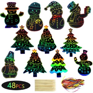 48pcs rainbow scratch colorful christmas ornaments, magic scratch off cards with 48pcs ribbons & 24pcs wooden styluses christmas hanging art crafts party supplies for xmas tree classroom decorations