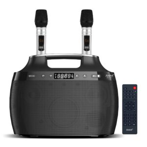 rhm k999 karaoke machine with powerful sound & echo/treble/bass adjustment, 2 wireless microphones & remote control, 4 sound modes, 7 hours playtime, support bluetooth/aux/usb for party