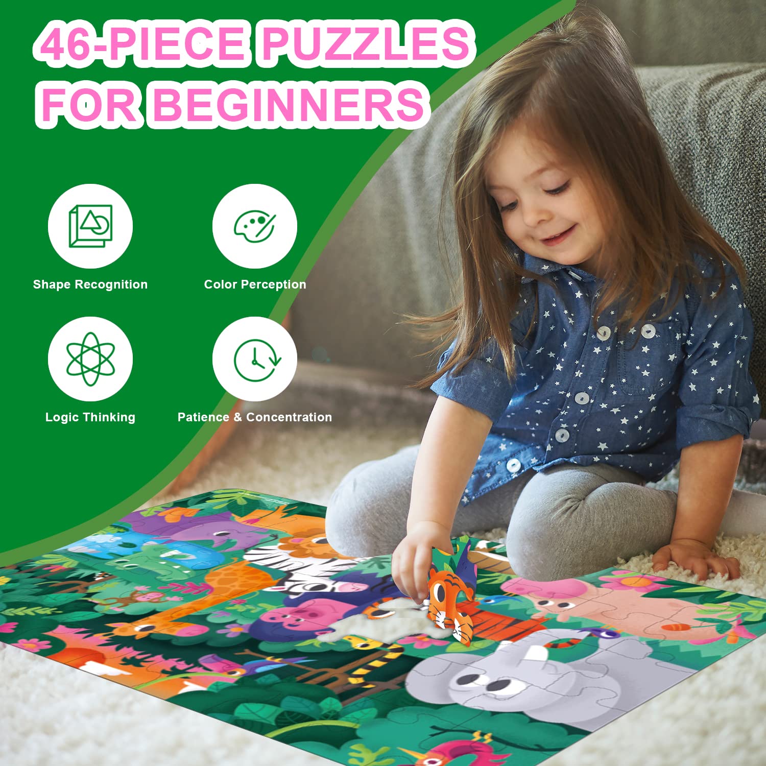 TAOZI&LIZHI Jumbo Jigsaw Puzzles, Jungle Animals, Large Floor Puzzle for Kids Ages 3-5, 4-8, Christmas Toddler Puzzles with Hand-held Gift Box, Preschool Learning & Education Toys(46 pcs, 2 x 3 feet)