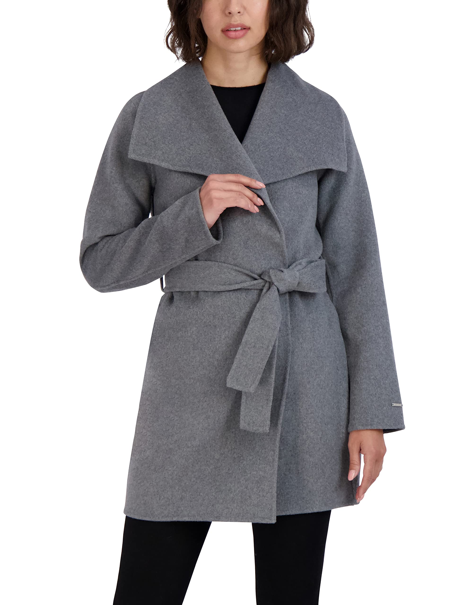 Tahari Women's Wool Wrap Coat with Tie Belt, Ash, Large