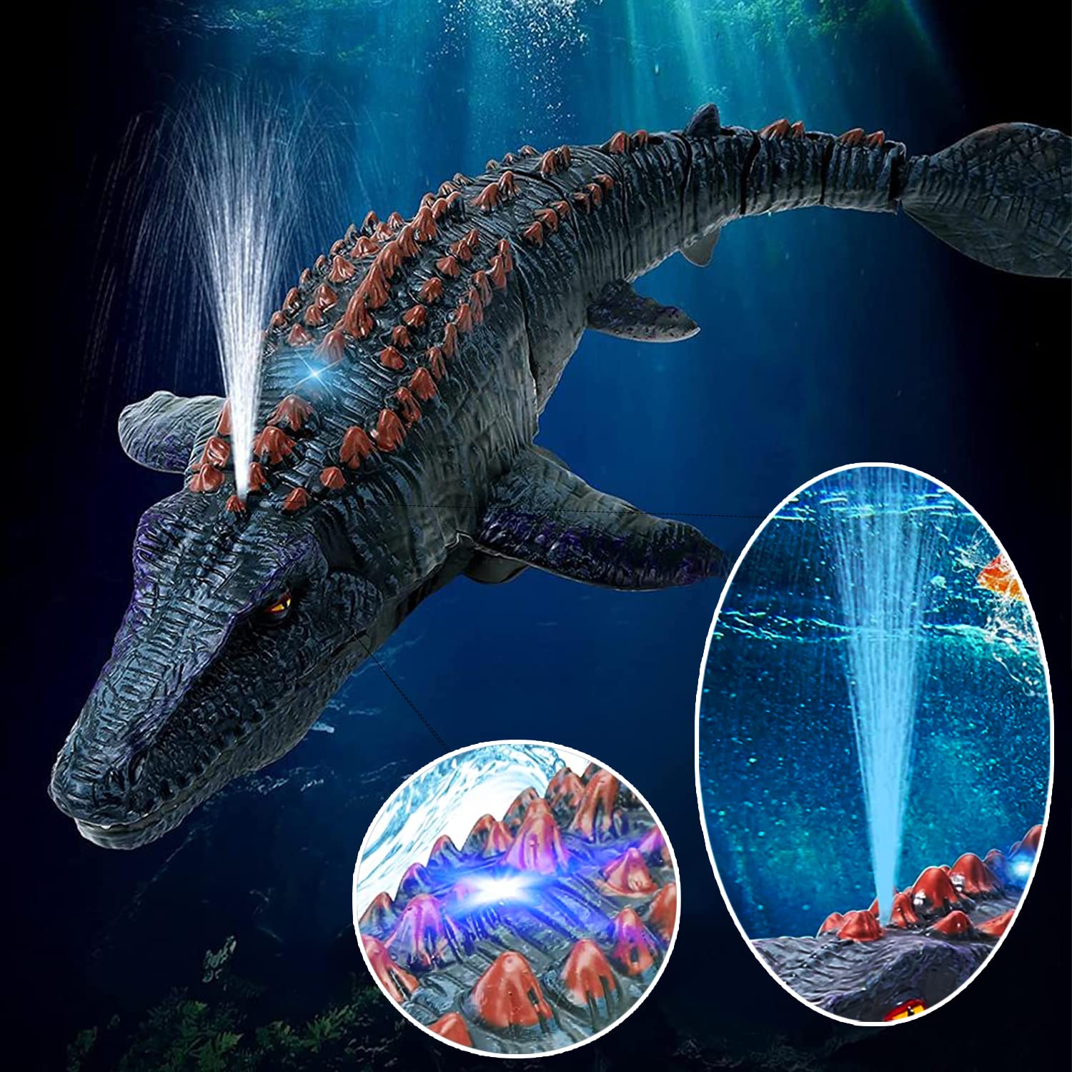 Akargol 2.4G Remote Control Dinosaur Toys for Kids, High Simulation Mosasaurus Toys RC Boat with Light and Spray Water for Swimming Pool Lake Bathroom, Bath Toys (with 2 Batteries)