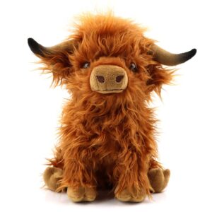 tmeeihnss highland cow stuffed animals plush toy fluffy bull animal doll soft gift for kids boys girls, 10 inch tall