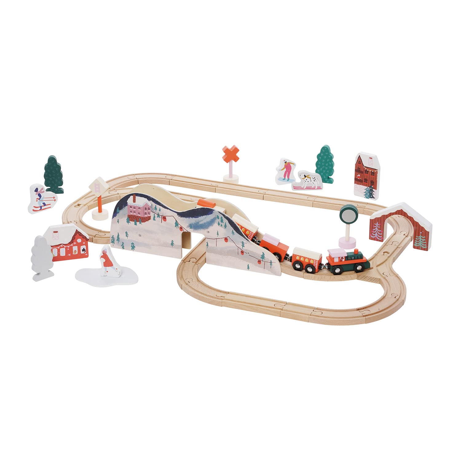 Manhattan Toy Alpine Express 49-Piece Wooden Toy Train Set with Scenic Accessories for Toddlers 3 Years and Up Multicolor