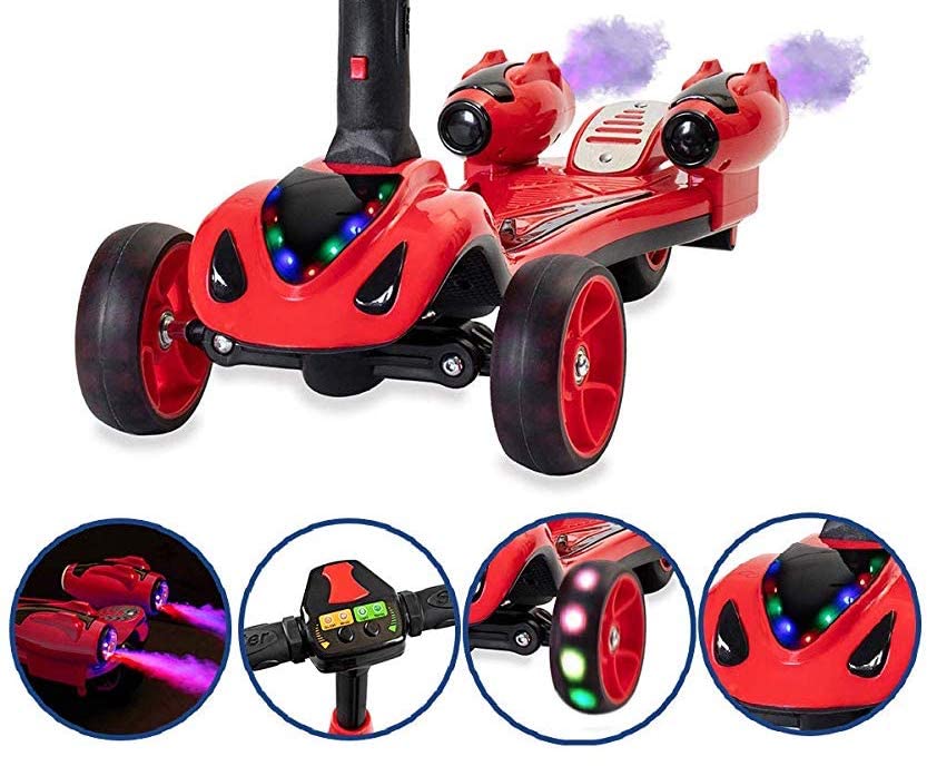 Glare Wheel Kids Kick Scooter Real Smoke Rocket Portable Foldable (Red)