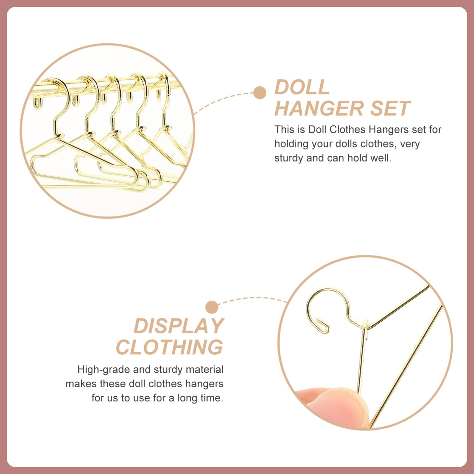 NUOBESTY Doll Hangers Miniature Garment Rack with 10pcs Mini Clothes Hangers Metal Dress Outfit Holders for Closet Wardrobe Dollhouse Furniture Accessories Golden Doll Closet