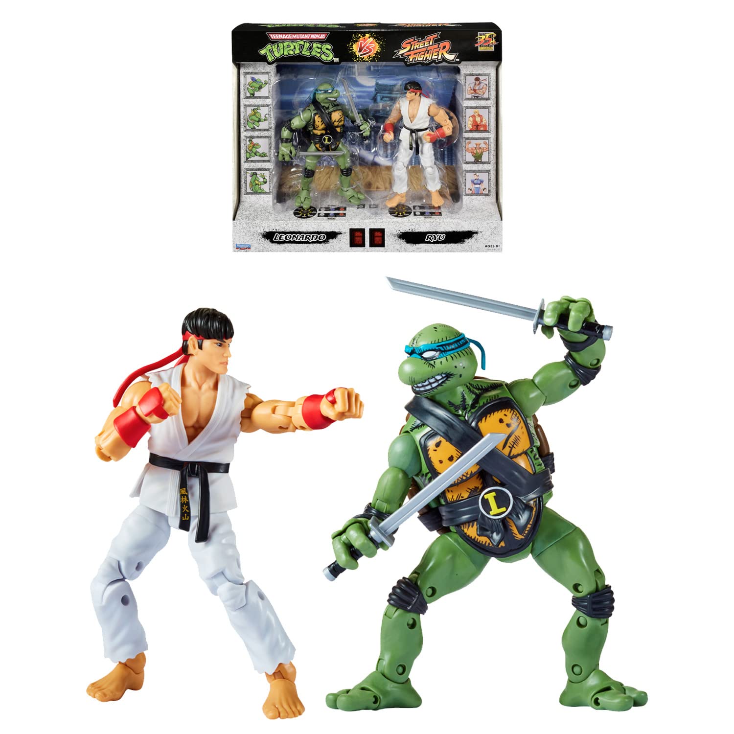 BANDAI 2 Pack | Teenage Mutant Ninja Turtles Leonardo Vs Street Fighter Ryu Action Figures | 6'' and Turtle with Articulation, P81251