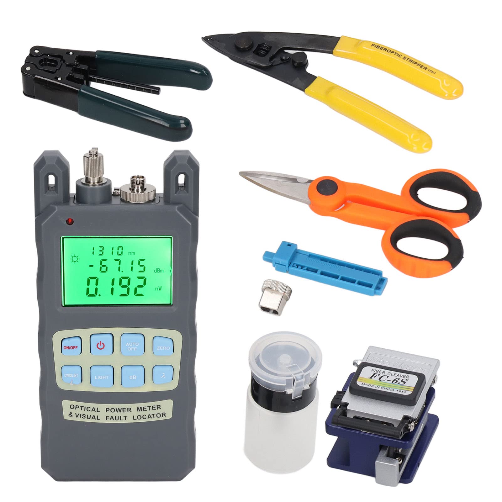 FTTH Fiber Optic Tool Kit, 3 in 1 Fiber Optic Termination Tools Kit with Optical Power Meter Optic Fiber Cleaver Fiber Optic Stripper Three Mouthed Clamp Fiber Length Fixer