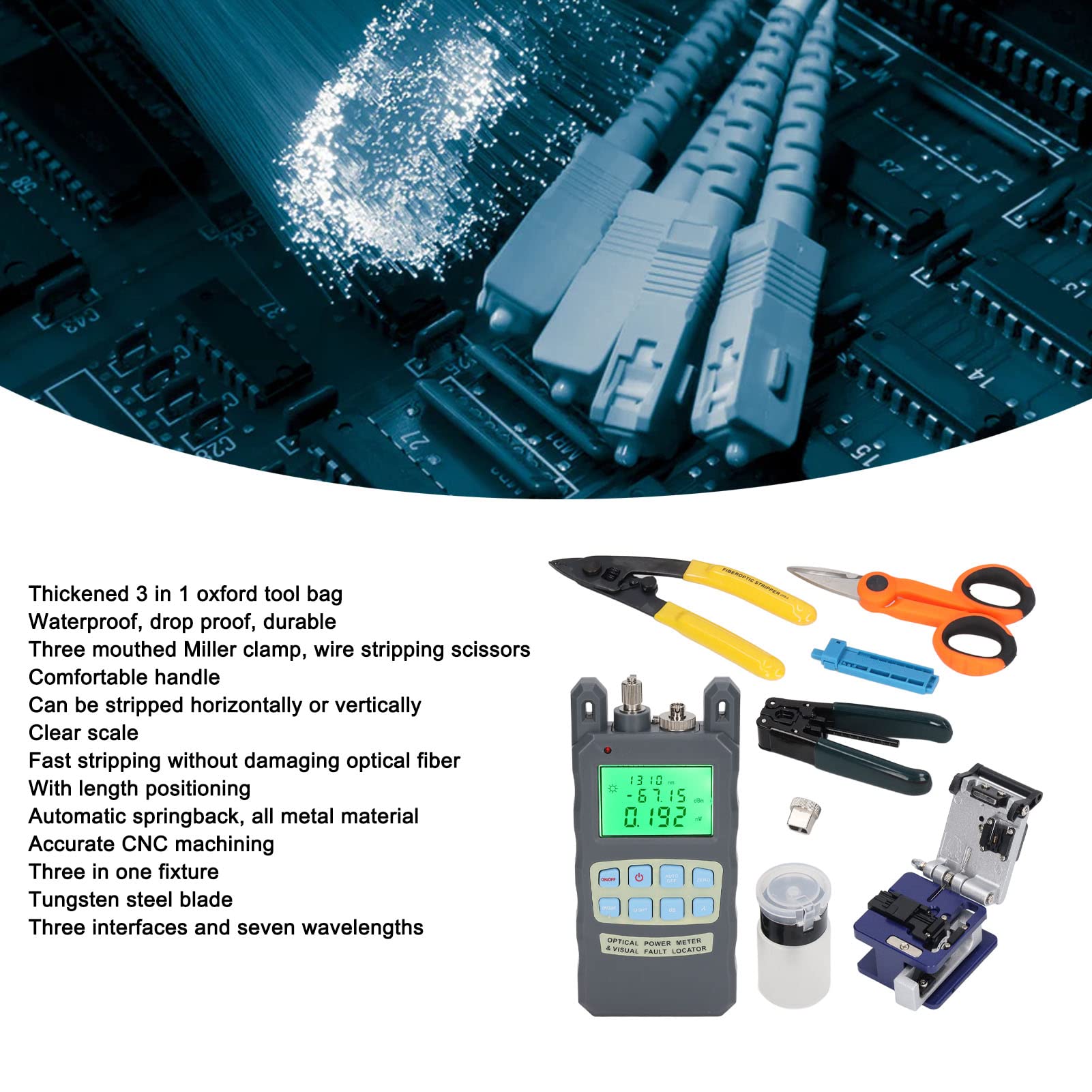 FTTH Fiber Optic Tool Kit, 3 in 1 Fiber Optic Termination Tools Kit with Optical Power Meter Optic Fiber Cleaver Fiber Optic Stripper Three Mouthed Clamp Fiber Length Fixer