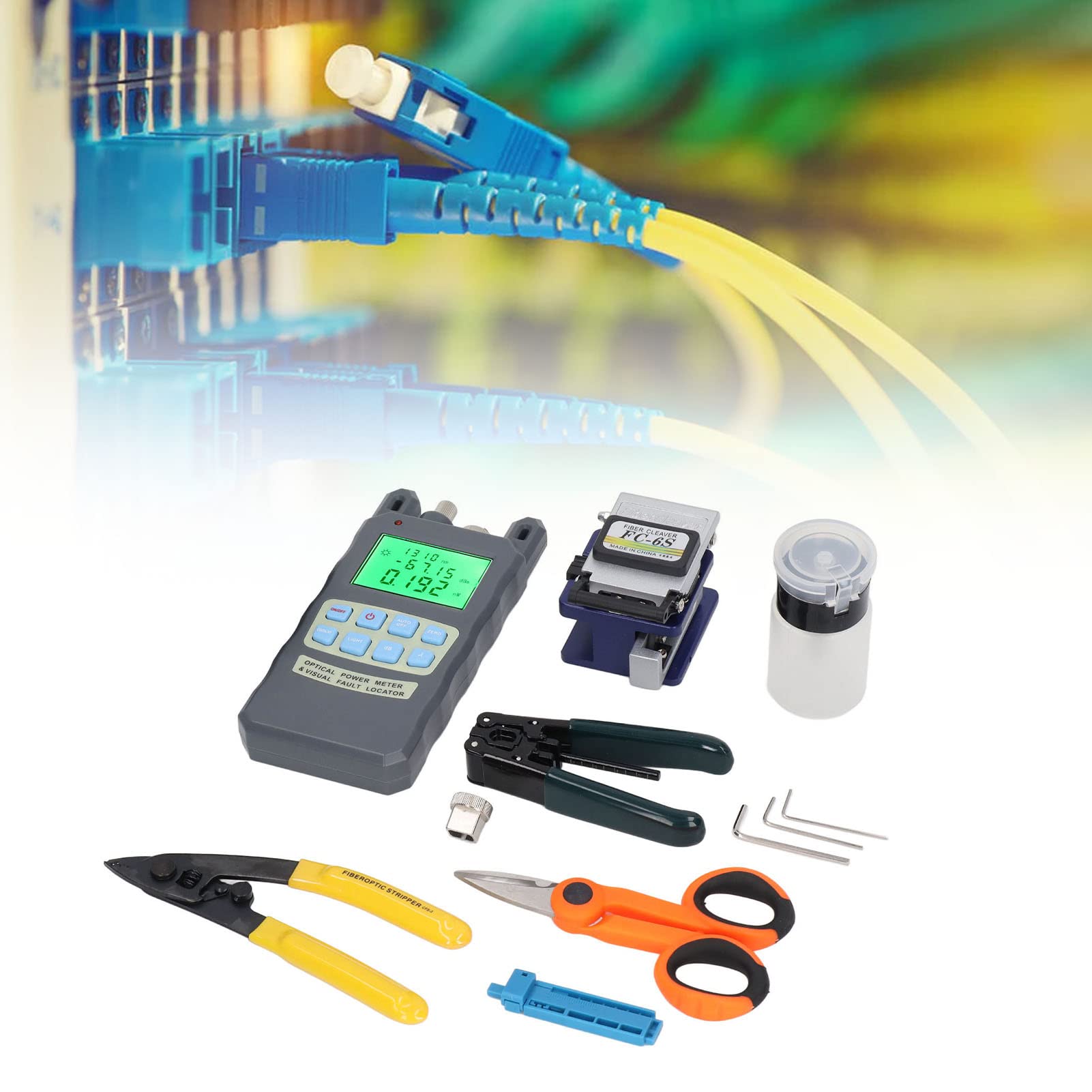 FTTH Fiber Optic Tool Kit, 3 in 1 Fiber Optic Termination Tools Kit with Optical Power Meter Optic Fiber Cleaver Fiber Optic Stripper Three Mouthed Clamp Fiber Length Fixer