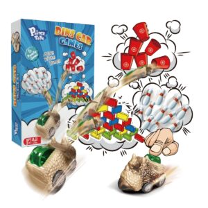 3 in 1 mini dino car game, dominoes, bowling balls, stacking cups & dinosaur vehicles targeting board games, desktop toys play set for family & party