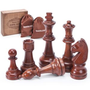 vamslove wooden chess pieces large 4.5'' king set of 32 luxury staunton wood chessmen for chess game board (chess pieces only), velvet storage bags included