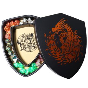 fantasydice shield dice tray chromatic fire dragon with lid and dice staging area- holds 6 sets(7 dice set/standard) for all tabletop games