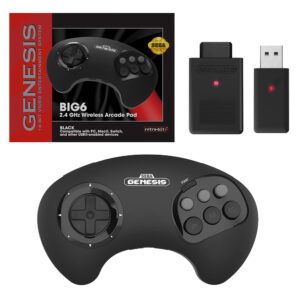 retro-bit big6 2.4 ghz sega genesis wireless arcade controller pad for sega genesis original/mini, switch, pc, mac - black