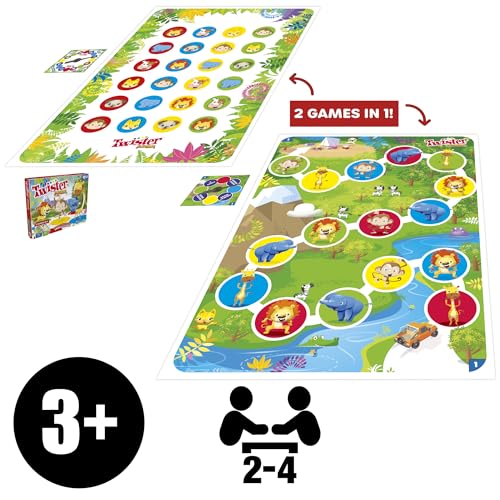 Hasbro Gaming Twister Junior Game, Animal Adventure 2-Sided Mat, 2 Games in 1, Party Game for Kids Ages 3 and Up, Indoor Game for 2-4 Players