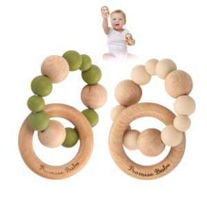 promise babe silicone baby teether, food grade silicone & beech baby teething ring retro color bracelet 2pc set baby ring wooden baby nursing bracelet