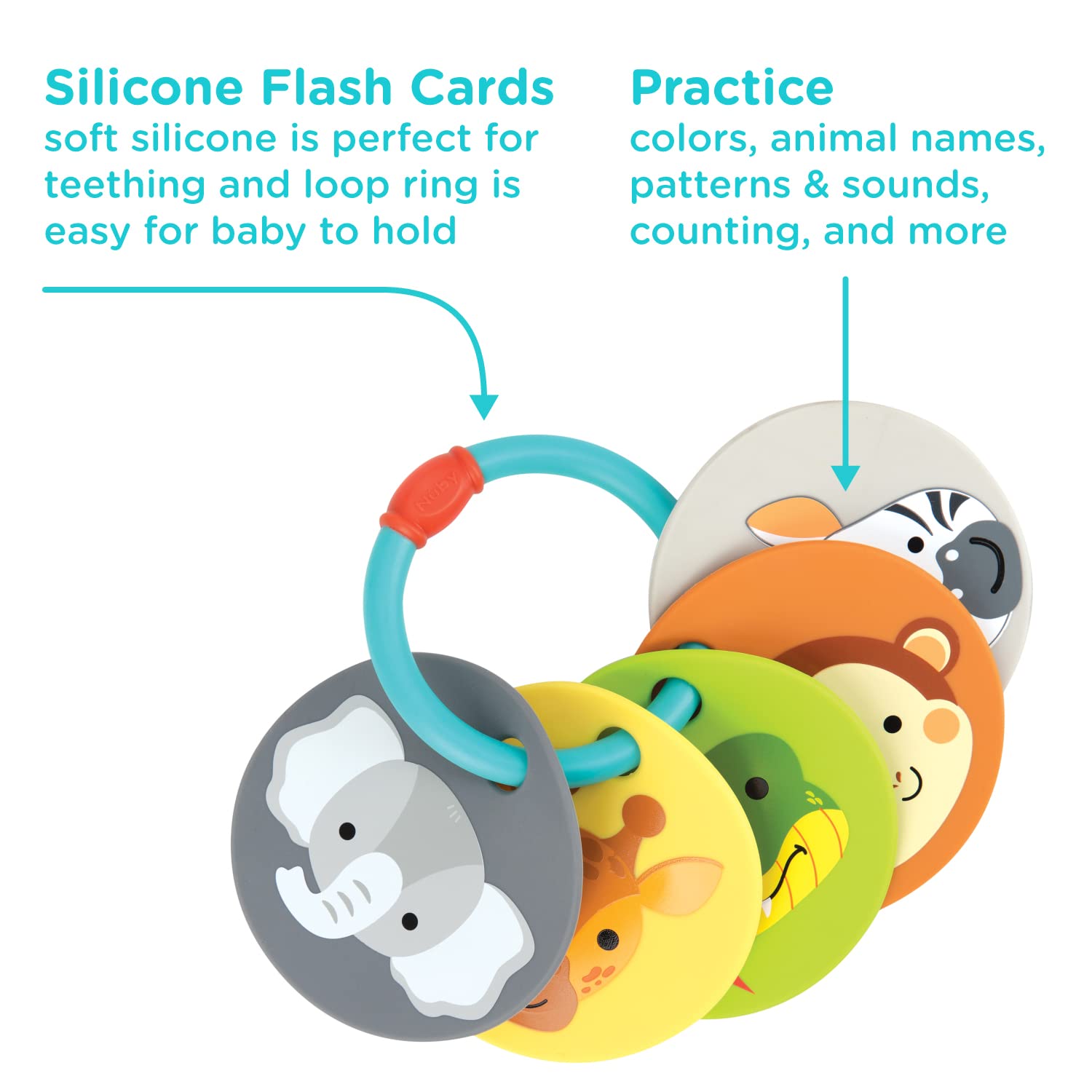 Nuby Silicone Double Sided Animal Flash Cards & Interactive Teether - 3+ Months Multicolor