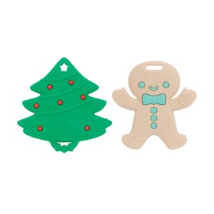 nuby all silicone holiday tree & gingerbread man cookie teether – 2 pack, 3+ months