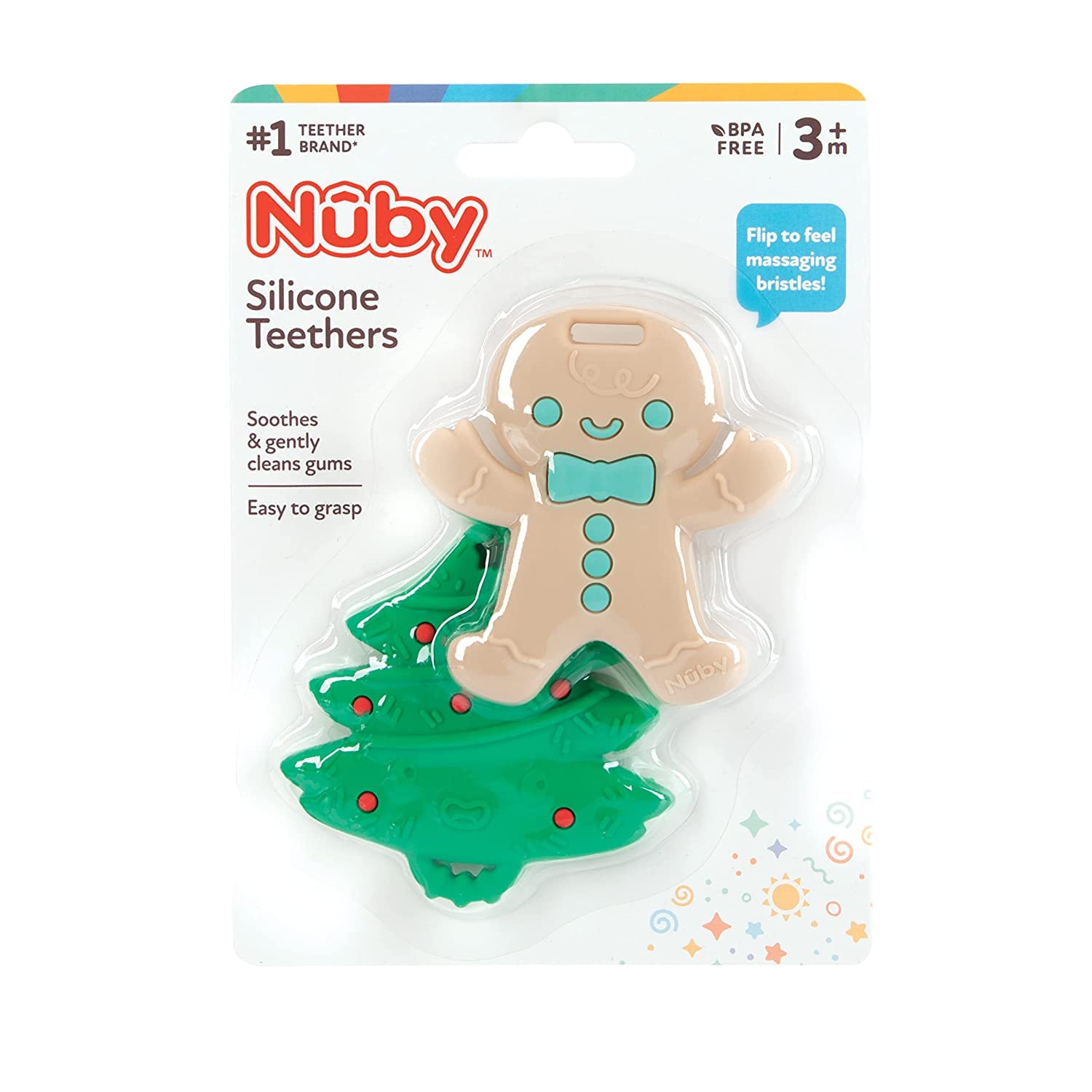 Nuby All Silicone Holiday Tree & Gingerbread Man Cookie Teether – 2 Pack, 3+ Months