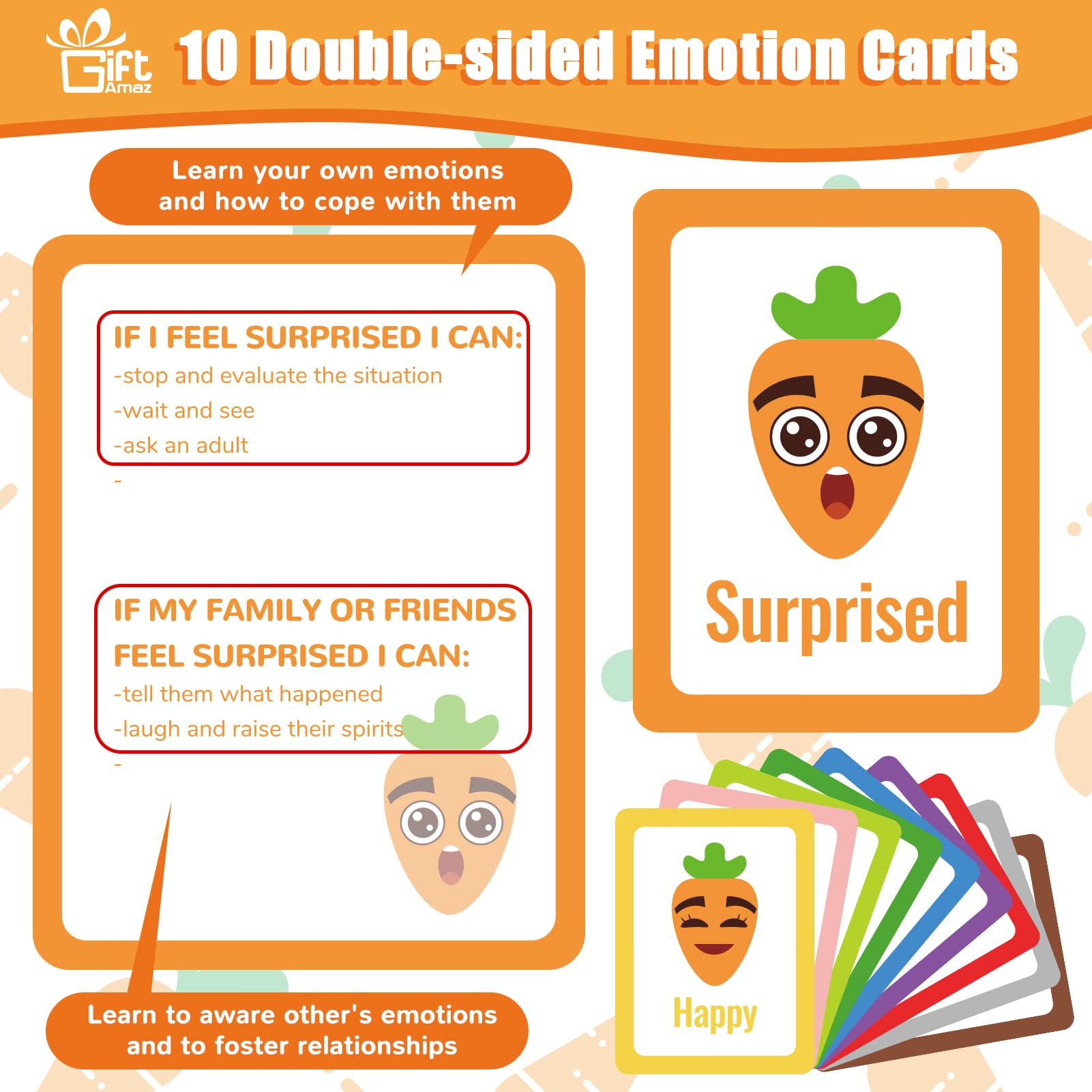 GiftAmaz Social Emotional Learning Toys - Big Feelings Carrot Social Emotional Games for Kids - 26 Facial Expressions, 10 Educational Flashcard - Preschool Learning Activities Birthday for Kid 3-6