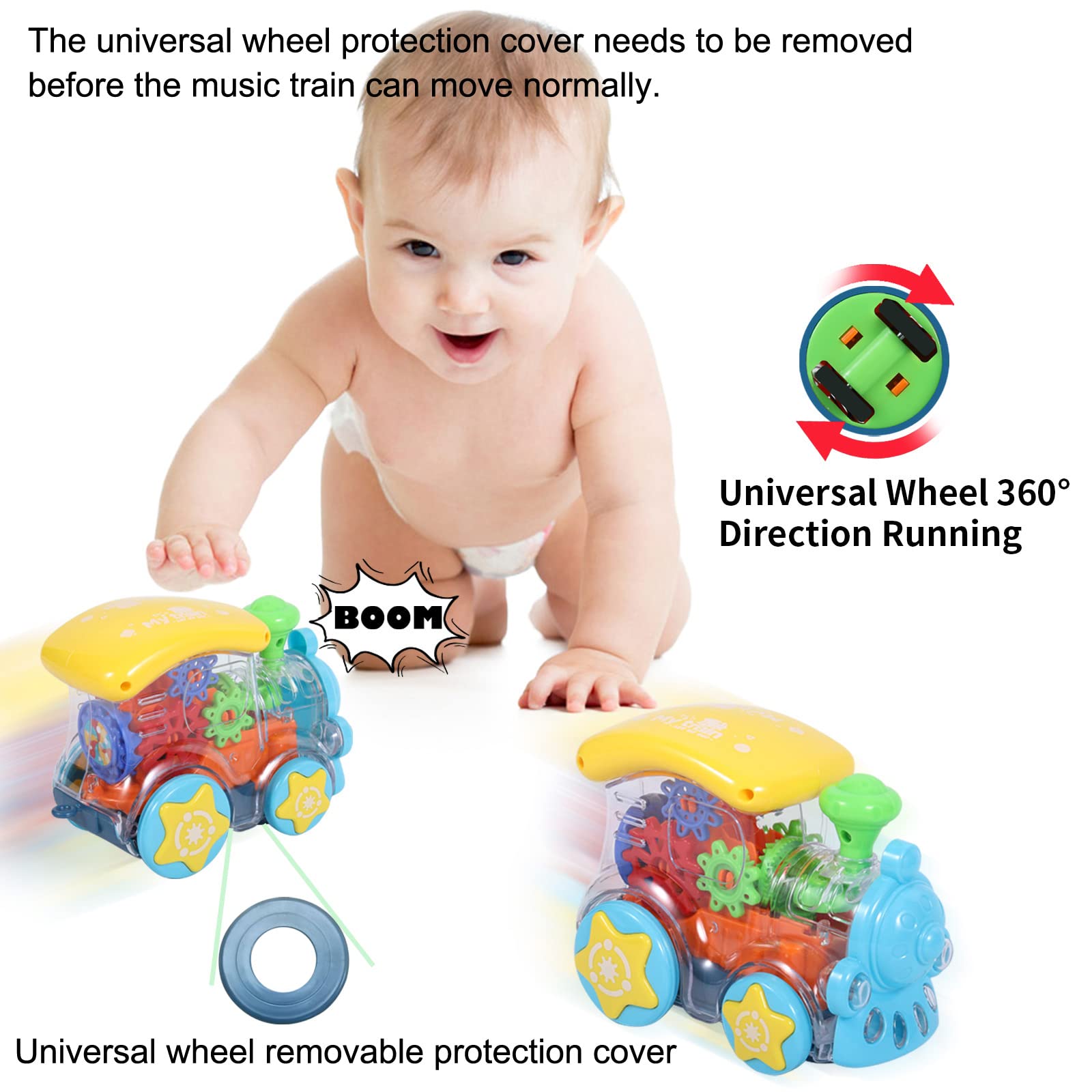 dmsbuy Baby Musical Toys Crawling Train: Tummy Time Interactive Learning Development Crawl Toy with LED Light Up for Boys Girls Automatically Avoid Obstacles 3+ Year Old